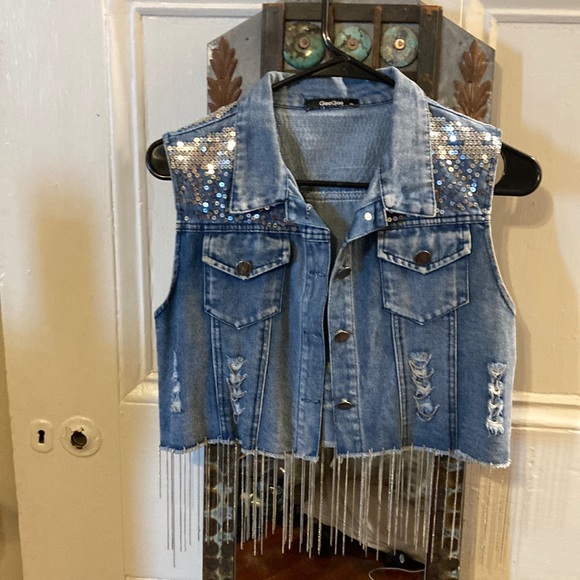 GeeGee | Jackets & Coats | Geegee Denim Cutoff Vest Sequin Chain Details | Poshmark